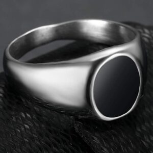 Stainless Steel Black Enamel Filled Oval Shape Signet Style Wedding Statement Promise Pinky Ring (Silver Black, 6)