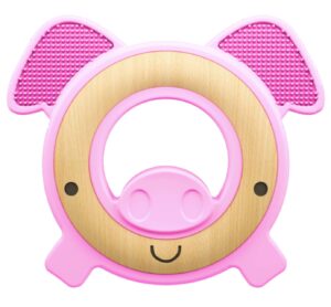 nuby natural wood & silicone teether: pig, 3m+, pink (80803)