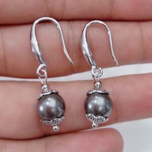 guidecun women's imitation tahitian black pearl hanging earrings, freshwater pearl pendant with vintage silver inlaid earrings