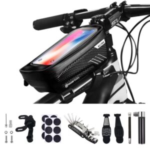 bike tire repair tool kit, frame front beam bag & mini bike pump & 16 in 1 multi-function, bike tire lever & suitable for presta and schrader non-adhesive puncture repair kit , for road mountain bmx