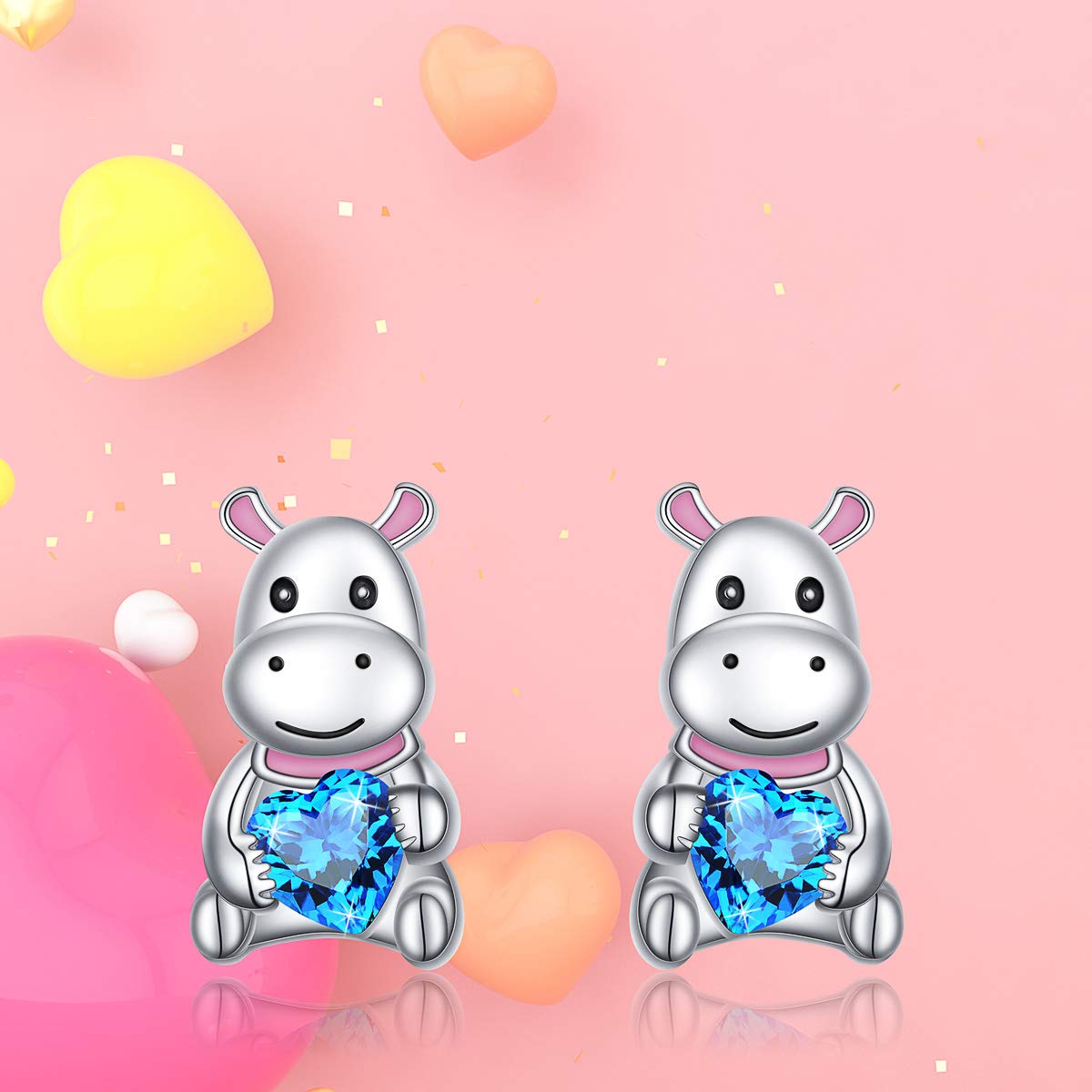 S925 Sterling Silver Cute Animal Hippo Hippopotamus Blue Cubic Zirconia Love Heart Stud Earrings Gifts for Women Teenager