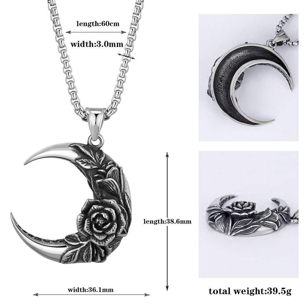 Jude Jewelers Stainless Steel Moon Crescent Shape Rose Flower Antique Vintage Cocktail Party Biker Pendant Necklace (Silver)