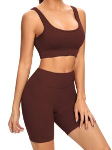 buscando yoga workout outftis sets for women 2-piece shorts-seamless ribbed high waist athletic leggings+sports bra gym clothes sets (brown, l)