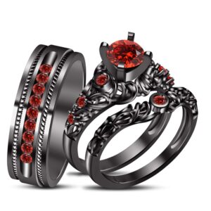 1.40ct round cut red garnet 14k black gold over sterling silver his& her wedding ring trio set