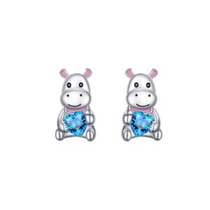 s925 sterling silver cute animal hippo hippopotamus blue cubic zirconia love heart stud earrings gifts for women teenager