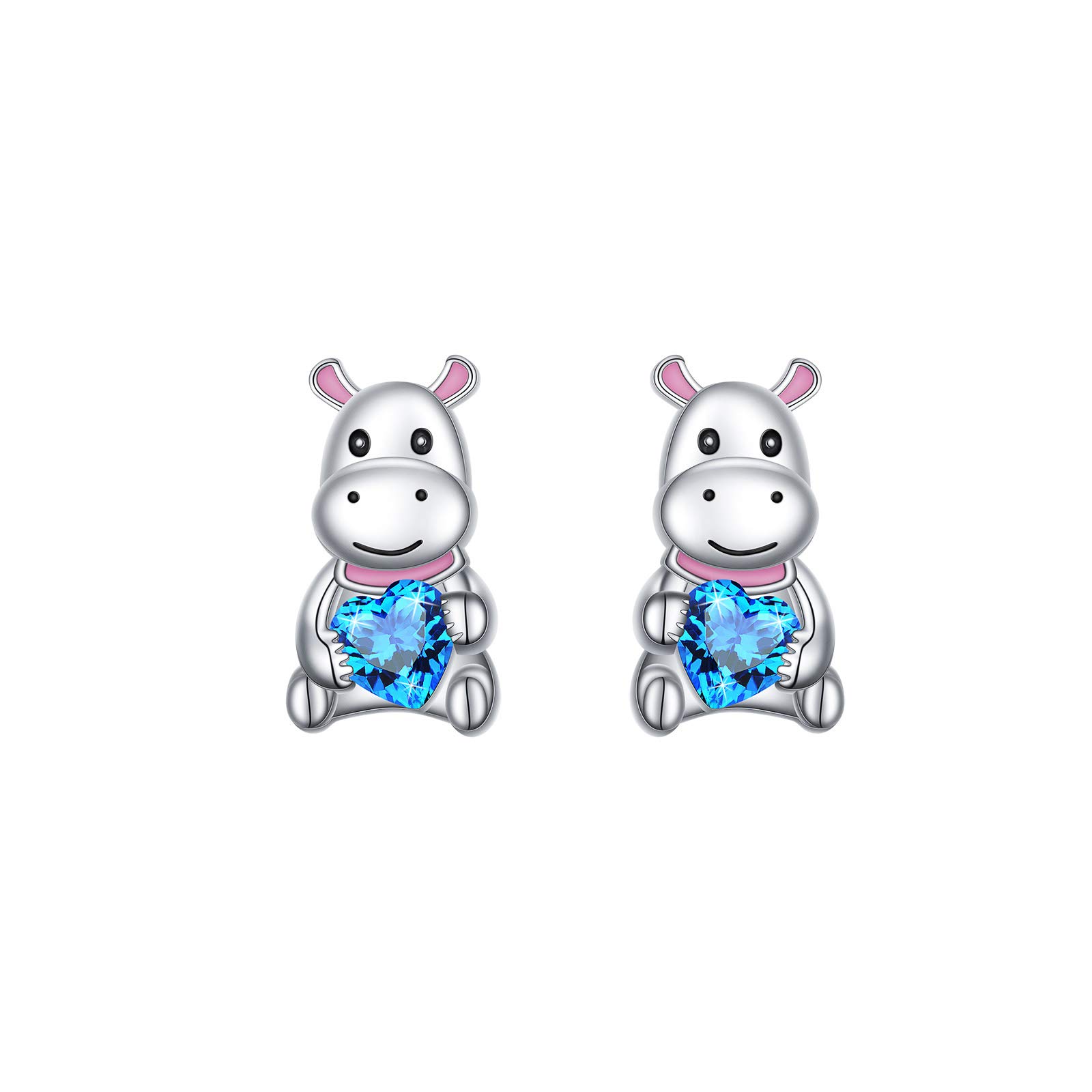 S925 Sterling Silver Cute Animal Hippo Hippopotamus Blue Cubic Zirconia Love Heart Stud Earrings Gifts for Women Teenager