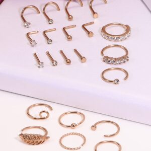 Vsnnsns 20G Nose Rings for Women Stainless Steel L Bone Screw Shaped Nose Studs Nose Rings CZ Nose Ring Hoop Nose Rings Studs Piercings Hoop Jewelry for Women Men Rose Gold 21Pcs