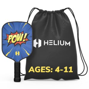 helium pickleball paddle for kids – child size paddle for children under 12, lightweight honeycomb core, graphite strike face, pickleball paddle & drawstring bag - pow!