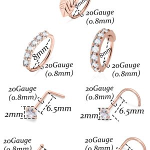 Vsnnsns 20G Nose Rings for Women Stainless Steel L Bone Screw Shaped Nose Studs Nose Rings CZ Nose Ring Hoop Nose Rings Studs Piercings Hoop Jewelry for Women Men Rose Gold 21Pcs