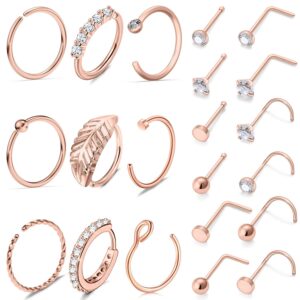 vsnnsns 20g nose rings for women stainless steel l bone screw shaped nose studs nose rings cz nose ring hoop nose rings studs piercings hoop jewelry for women men rose gold 21pcs