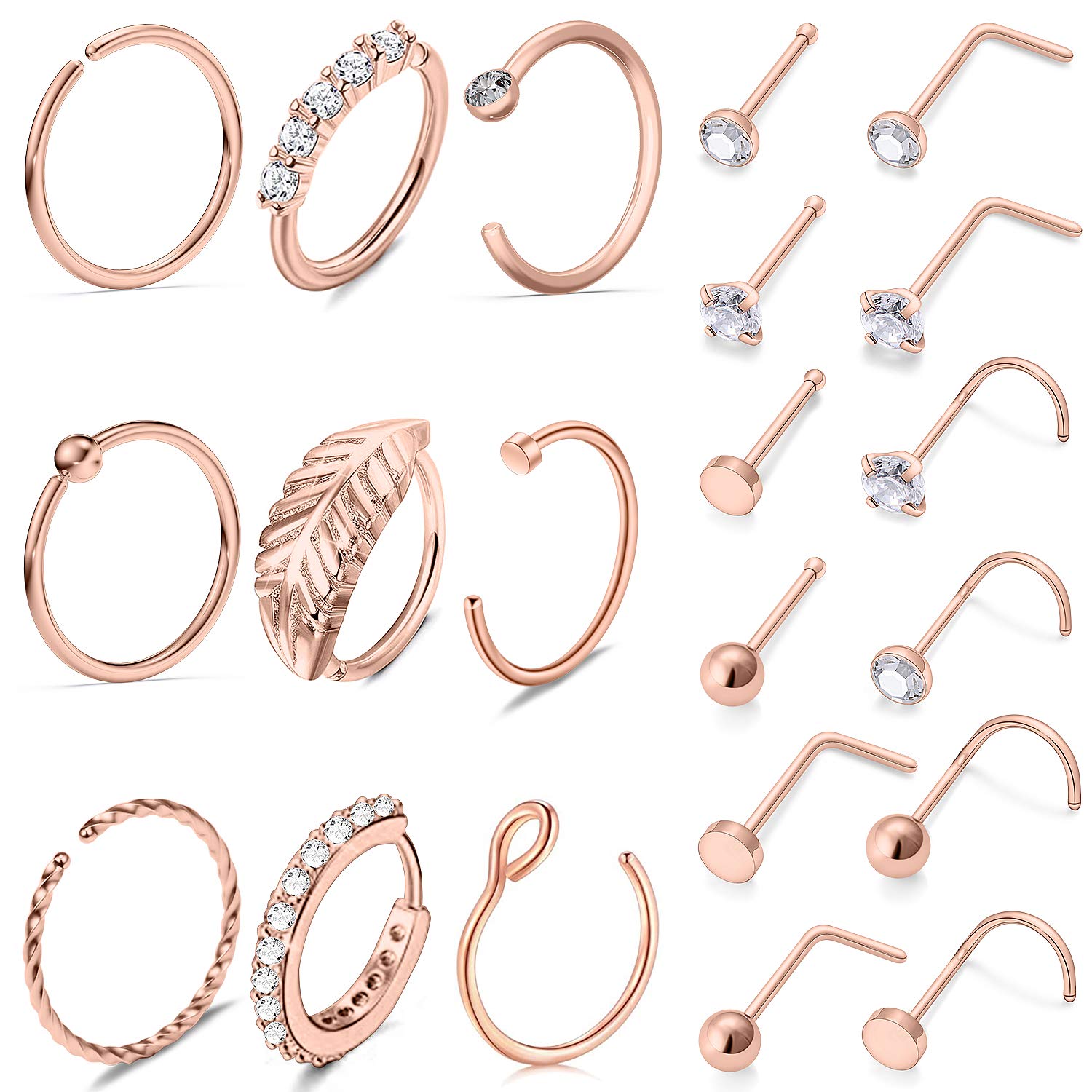 Vsnnsns 20G Nose Rings for Women Stainless Steel L Bone Screw Shaped Nose Studs Nose Rings CZ Nose Ring Hoop Nose Rings Studs Piercings Hoop Jewelry for Women Men Rose Gold 21Pcs