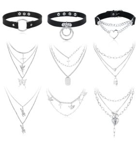 joerica 9 pcs layered chain necklaces set for women men gothic black leather choker necklaces adjustable silver punk pendant necklaces with lock heart butterfly