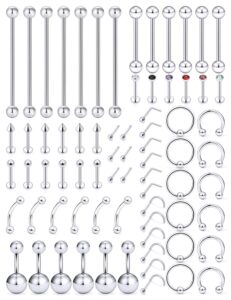 vsnnsns 14g-20g body jewelry piercing lot stainless steel nose horseshoe lip tongue eyebrow septum ring cartilage tragus earrings navel belly button rings barbells body piercing jewelry silver 72pcs