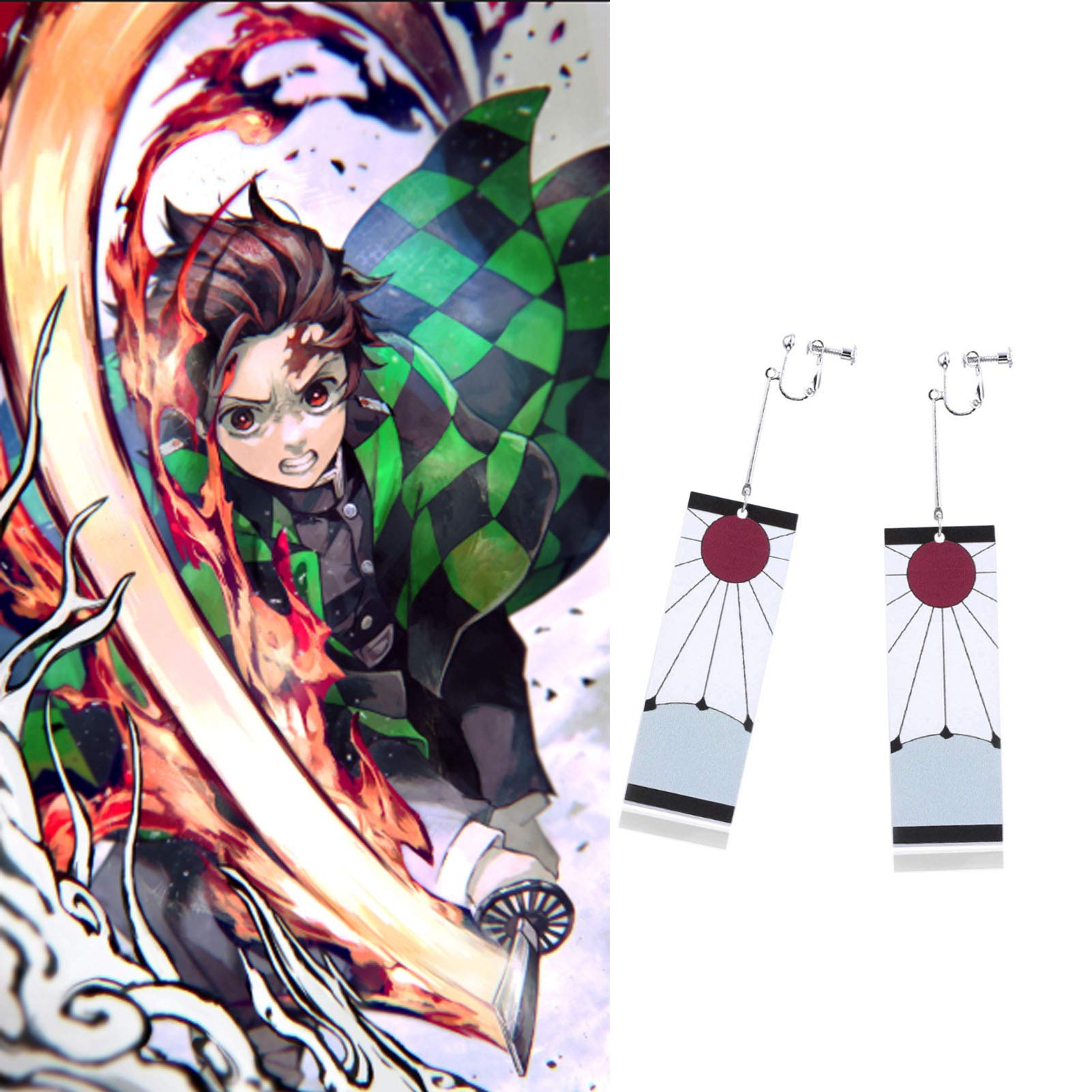 Tanjiro Hanafuda Earrings Breath Of The Sun Symbol Great For Demon Slayer Anime Light-Weight Wearing (Breath Of The Sun B)