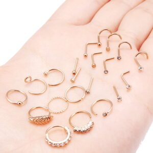 Vsnnsns 20G Nose Rings for Women Stainless Steel L Bone Screw Shaped Nose Studs Nose Rings CZ Nose Ring Hoop Nose Rings Studs Piercings Hoop Jewelry for Women Men Rose Gold 21Pcs