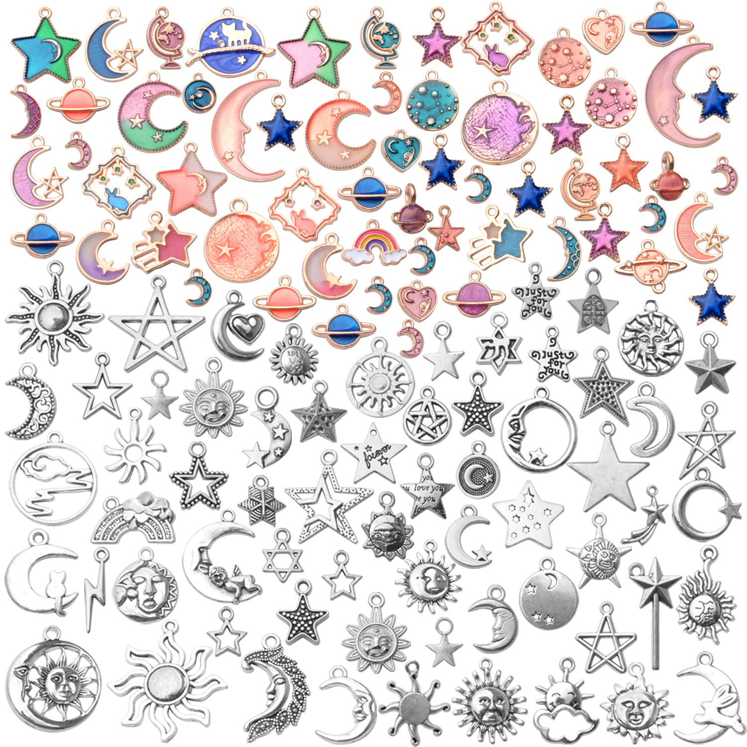 120pcs Celestial Charms Pendants, Mixed Antique Silver Sun Stars Moon Charm Pendant,Enamel Moon Star Cat Charms Pendants for DIY Earrings Necklace Jewelry Making Crafts