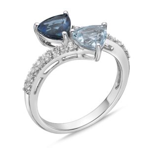 .925 Sterling Silver, Trillion Cut Swiss Blue Topaz and London Blue Topaz & Lab Grown White Sapphire Tonal Bypass Style Engagement Ring - Size 6