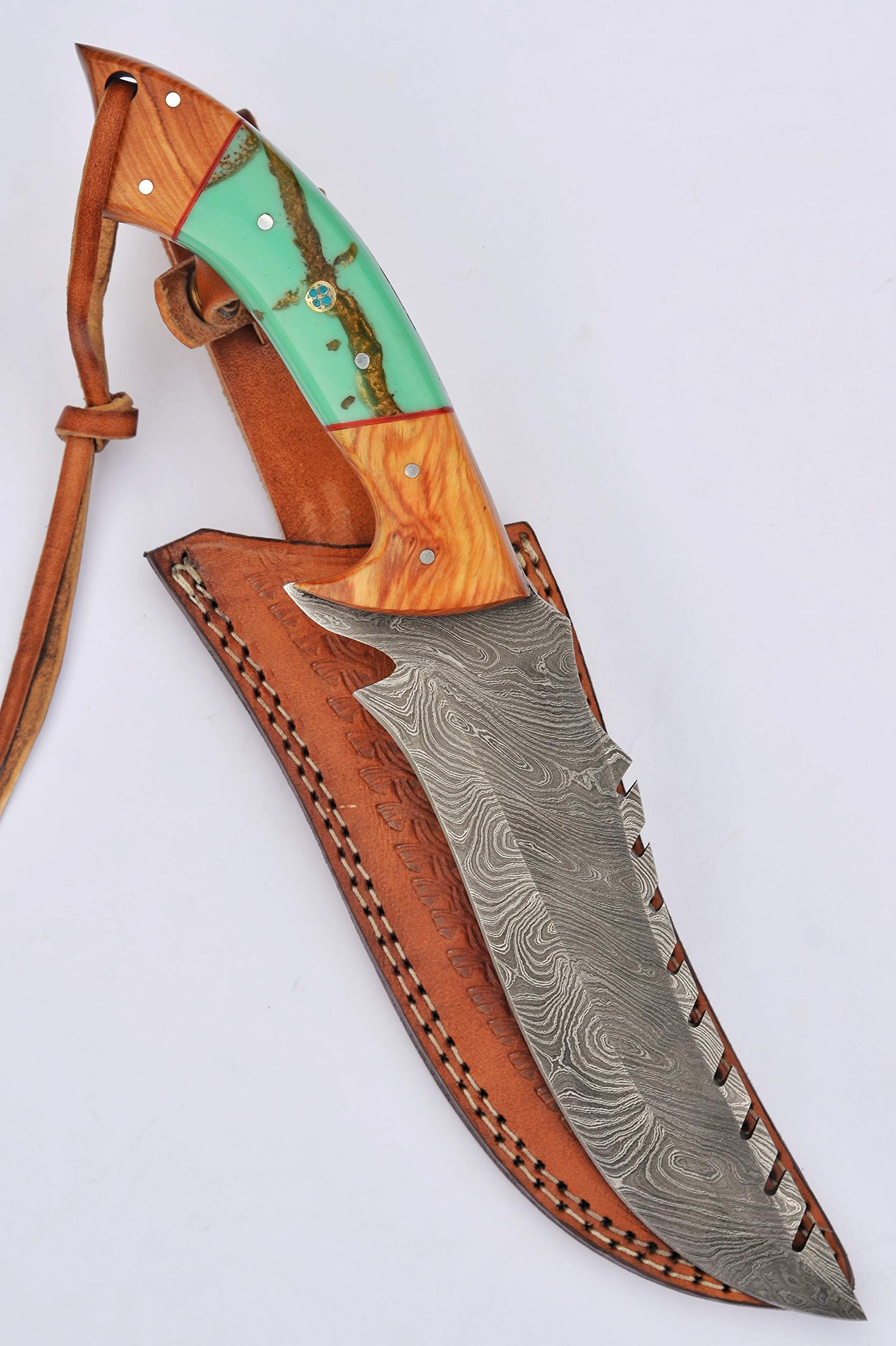 Sharp Forest Knives Handmade Damascus Steel 12 Inches Full Tang Hunting Knife BK-3054 - Beautiful Olive Wood & Resin Handle