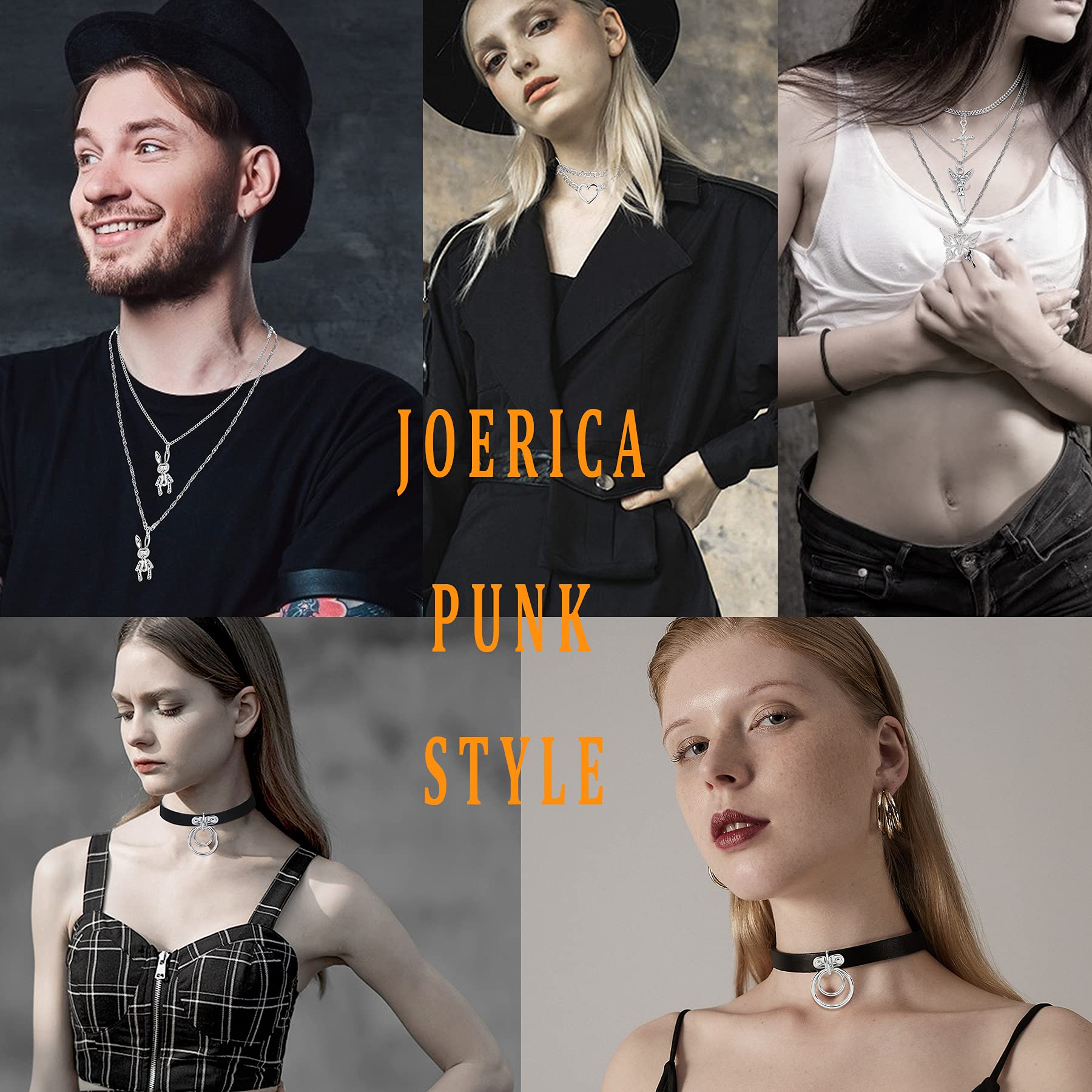 JOERICA 9 PCS Layered Chain Necklaces Set for Women Men Gothic Black Leather Choker Necklaces Adjustable Silver Punk Pendant Necklaces with Lock Heart Butterfly