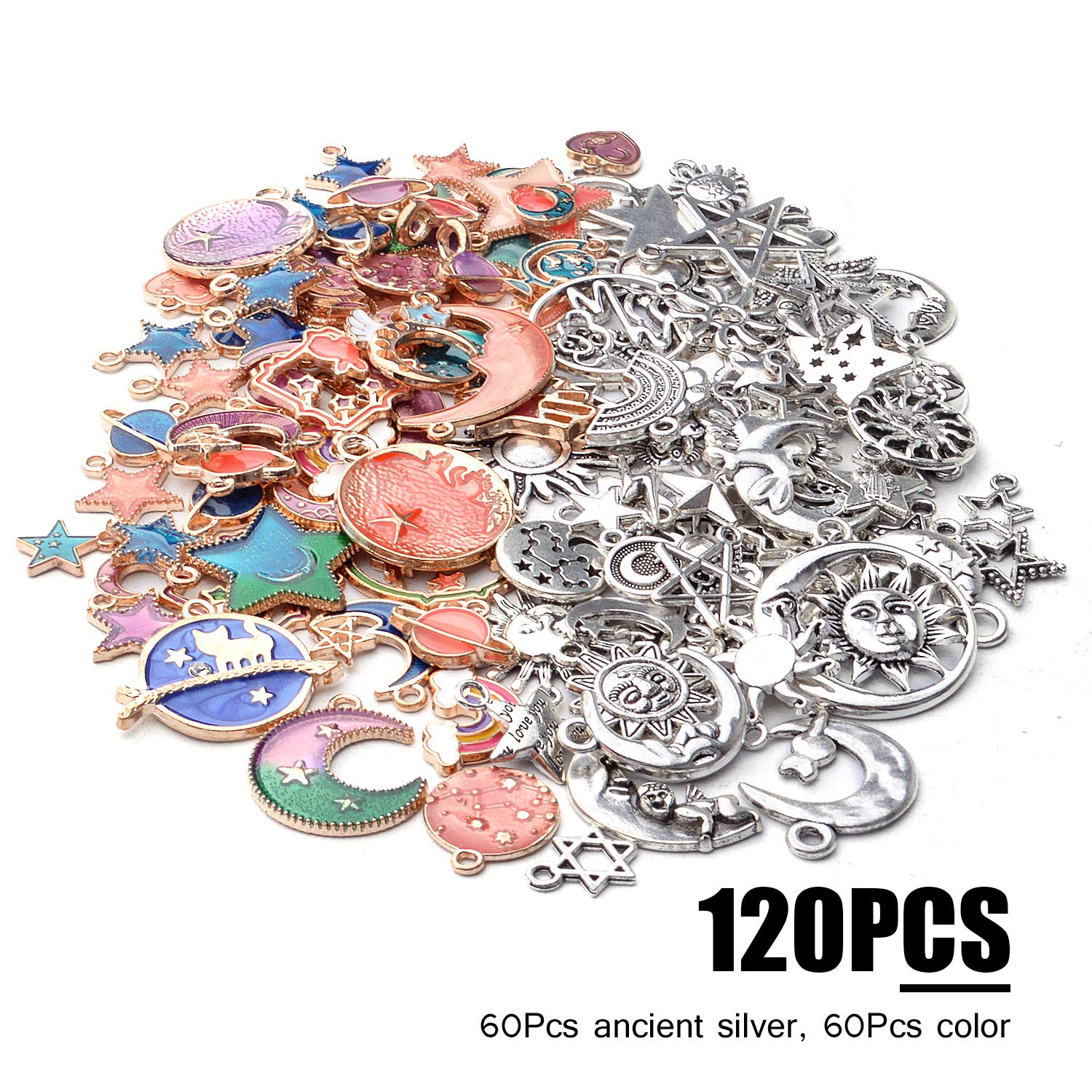 120pcs Celestial Charms Pendants, Mixed Antique Silver Sun Stars Moon Charm Pendant,Enamel Moon Star Cat Charms Pendants for DIY Earrings Necklace Jewelry Making Crafts