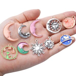 120pcs Celestial Charms Pendants, Mixed Antique Silver Sun Stars Moon Charm Pendant,Enamel Moon Star Cat Charms Pendants for DIY Earrings Necklace Jewelry Making Crafts