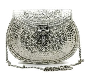 jiya indian brass handmade bridal women's antique brass purse ethnic metal clutch gift (silver)