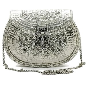 Jiya Indian Brass Handmade Bridal Women's Antique Brass Purse Ethnic Metal Clutch Gift (Silver)