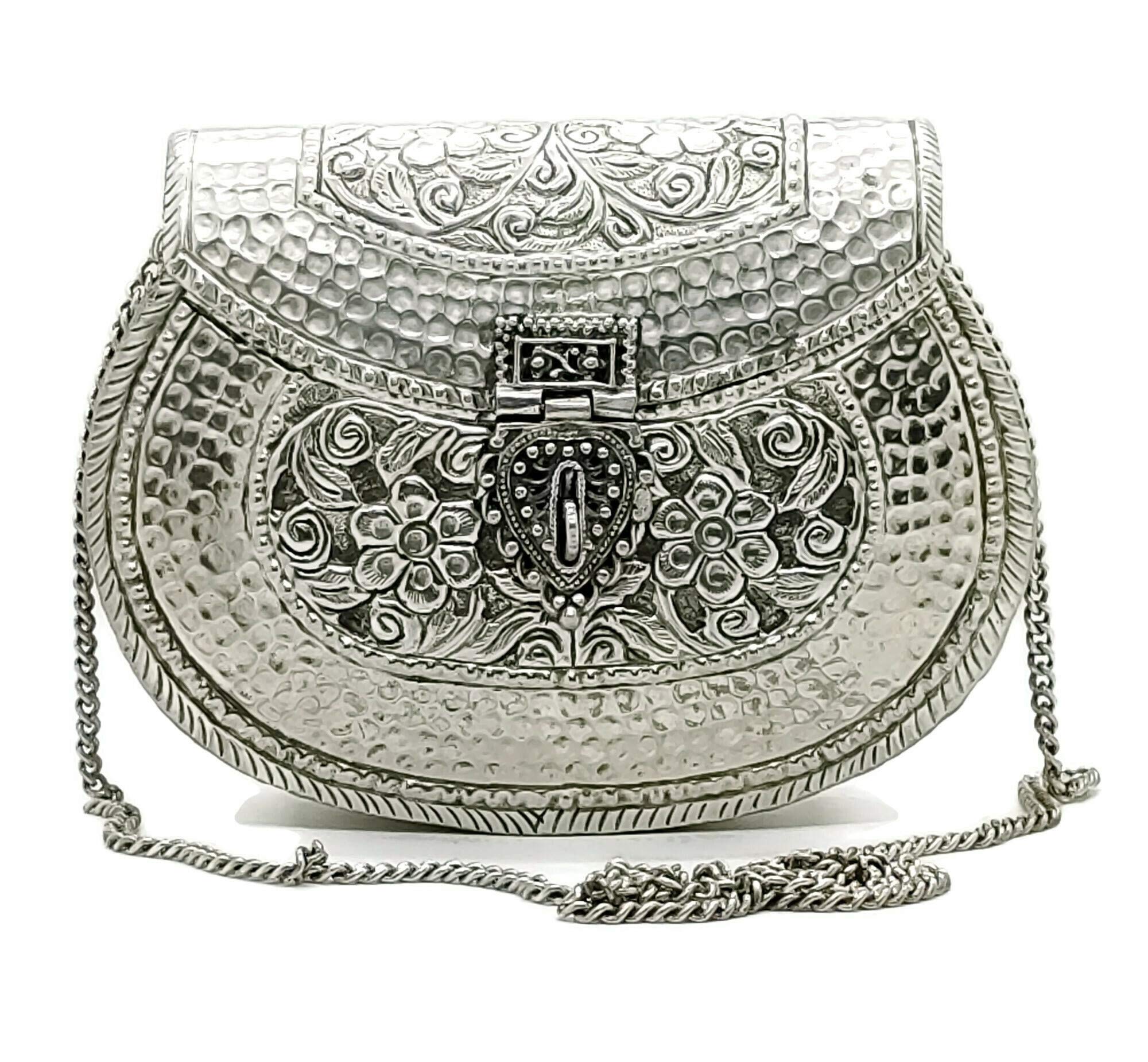 Jiya Indian Brass Handmade Bridal Women's Antique Brass Purse Ethnic Metal Clutch Gift (Silver)