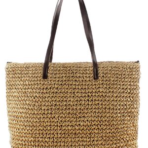 Straw Bag Women Straw Woven Tote Large Beach Handmade Weaving Shoulder Bag Handbag (2 in 1 style-Khaki)