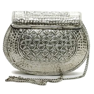 Jiya Indian Brass Handmade Bridal Women's Antique Brass Purse Ethnic Metal Clutch Gift (Silver)