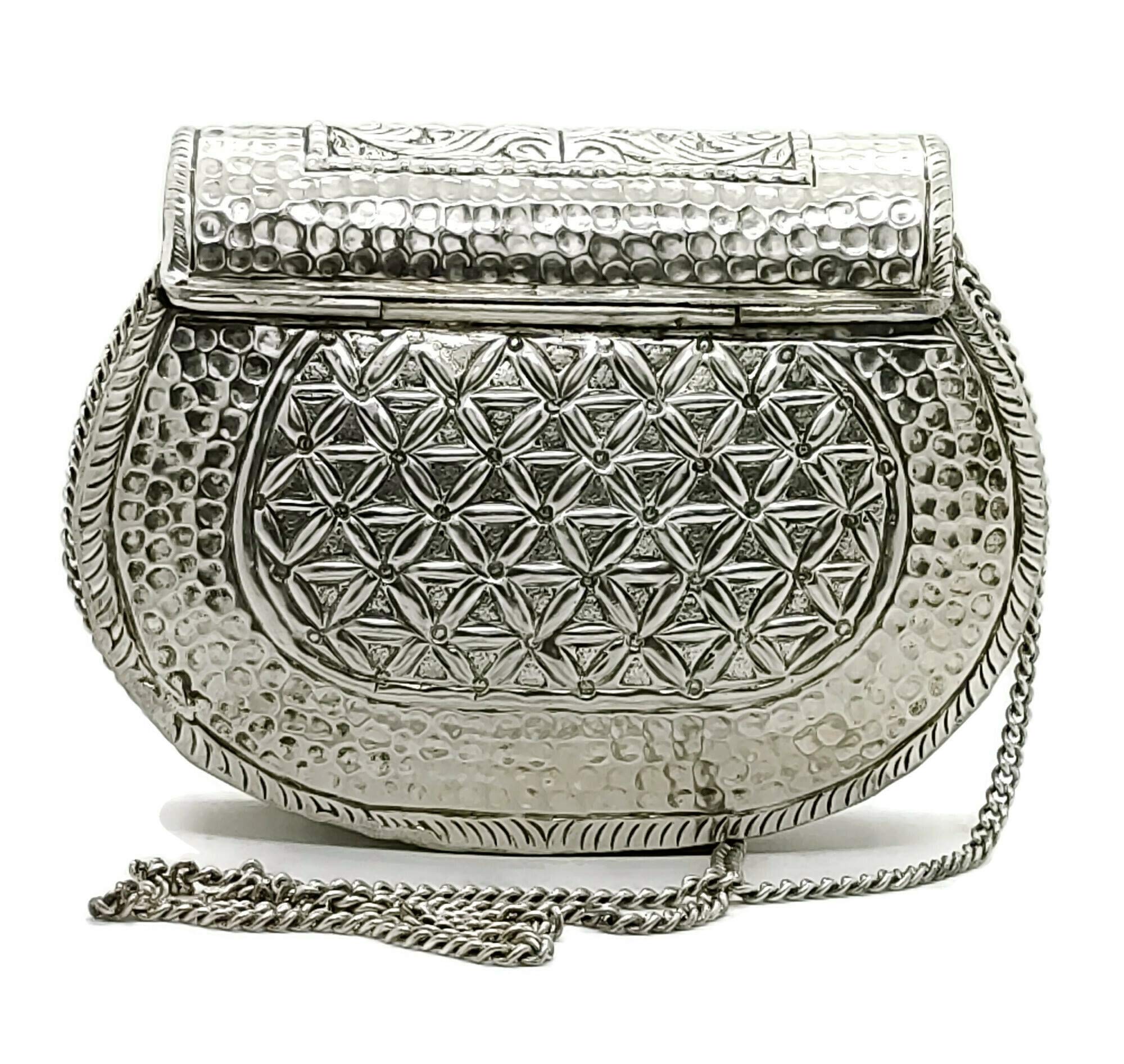 Jiya Indian Brass Handmade Bridal Women's Antique Brass Purse Ethnic Metal Clutch Gift (Silver)