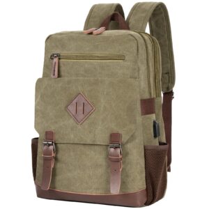 modoker vintage backpack for men women, canvas bookpack fits most 15.6 inches computer and tablets, rucksack backpack with usb charging port, army green