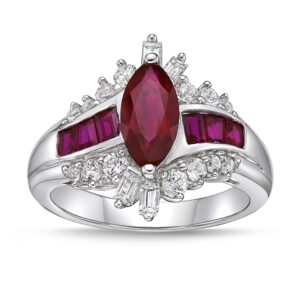 .925 sterling silver, marquise and baguette cut lab grown ruby & lab grown white sapphire wavy channel set engagement ring - size 9