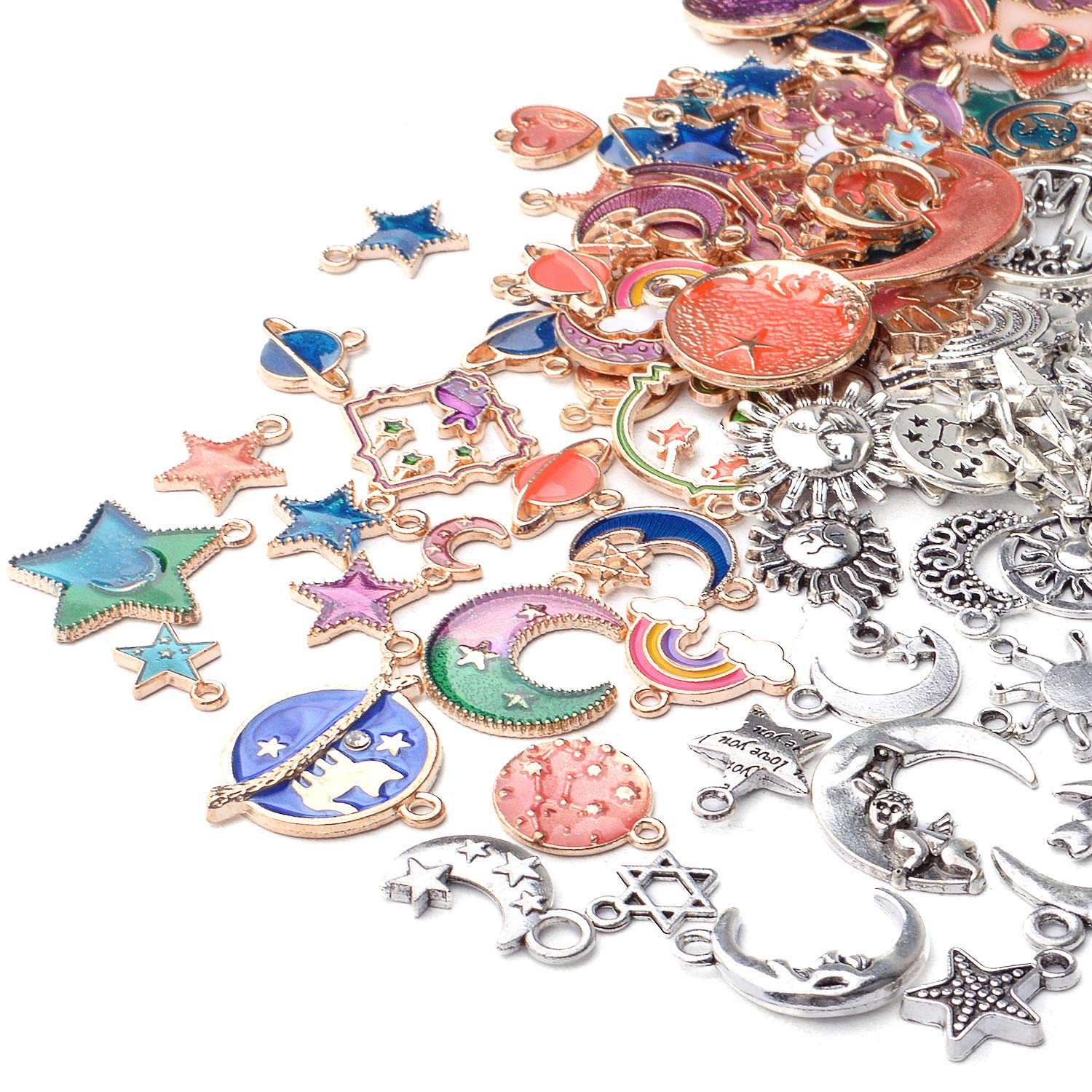 120pcs Celestial Charms Pendants, Mixed Antique Silver Sun Stars Moon Charm Pendant,Enamel Moon Star Cat Charms Pendants for DIY Earrings Necklace Jewelry Making Crafts