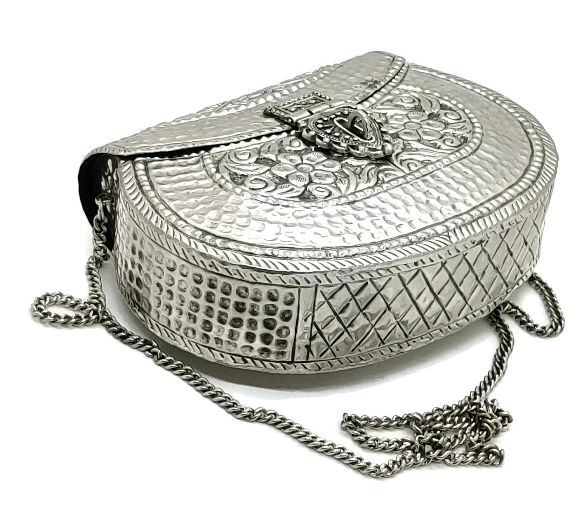 Jiya Indian Brass Handmade Bridal Women's Antique Brass Purse Ethnic Metal Clutch Gift (Silver)