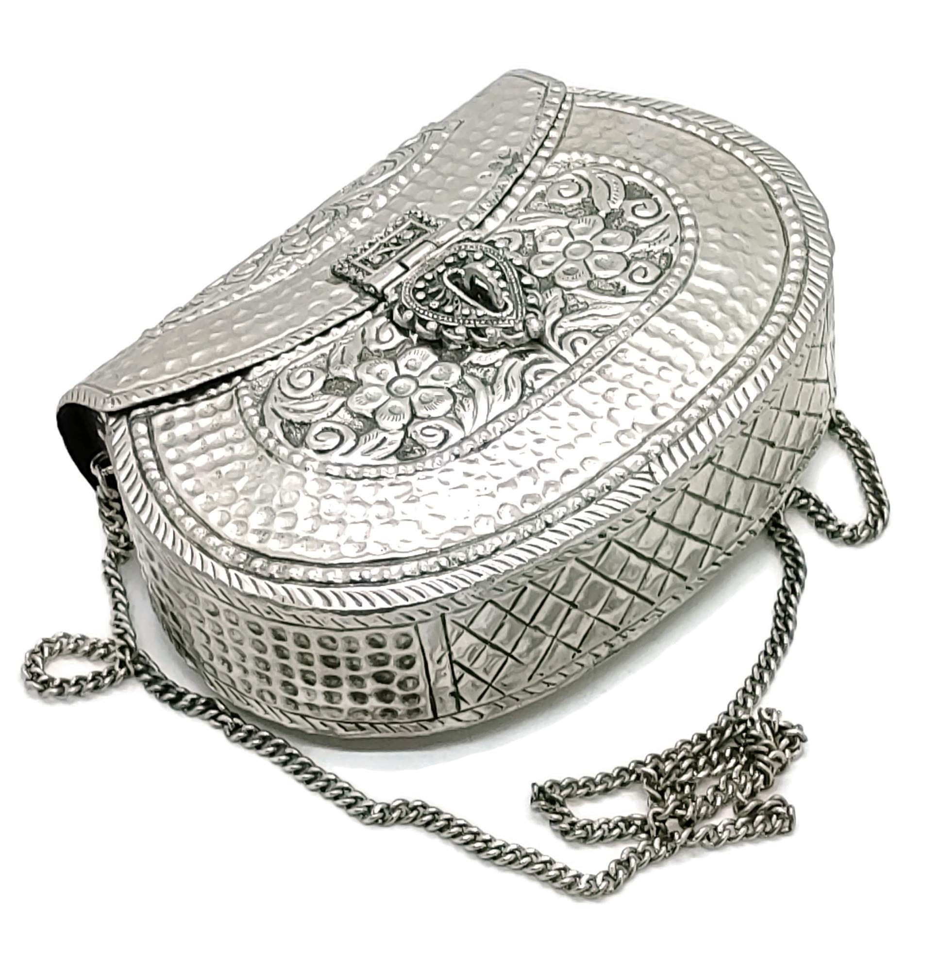 Jiya Indian Brass Handmade Bridal Women's Antique Brass Purse Ethnic Metal Clutch Gift (Silver)