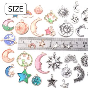 120pcs Celestial Charms Pendants, Mixed Antique Silver Sun Stars Moon Charm Pendant,Enamel Moon Star Cat Charms Pendants for DIY Earrings Necklace Jewelry Making Crafts