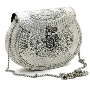 Jiya Indian Brass Handmade Bridal Women's Antique Brass Purse Ethnic Metal Clutch Gift (Silver)