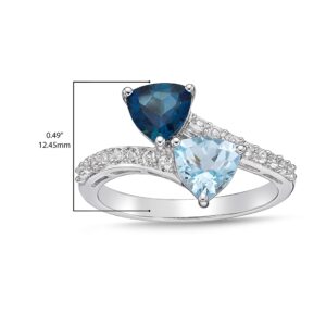 .925 Sterling Silver, Trillion Cut Swiss Blue Topaz and London Blue Topaz & Lab Grown White Sapphire Tonal Bypass Style Engagement Ring - Size 6