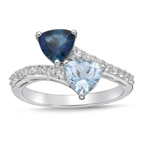 .925 sterling silver, trillion cut swiss blue topaz and london blue topaz & lab grown white sapphire tonal bypass style engagement ring - size 6