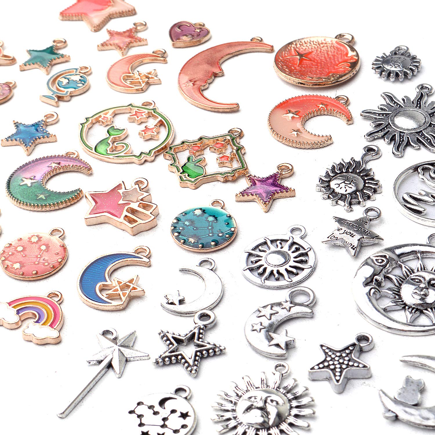 120pcs Celestial Charms Pendants, Mixed Antique Silver Sun Stars Moon Charm Pendant,Enamel Moon Star Cat Charms Pendants for DIY Earrings Necklace Jewelry Making Crafts