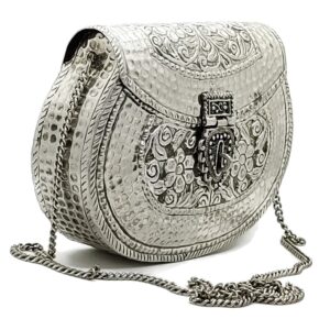 Jiya Indian Brass Handmade Bridal Women's Antique Brass Purse Ethnic Metal Clutch Gift (Silver)