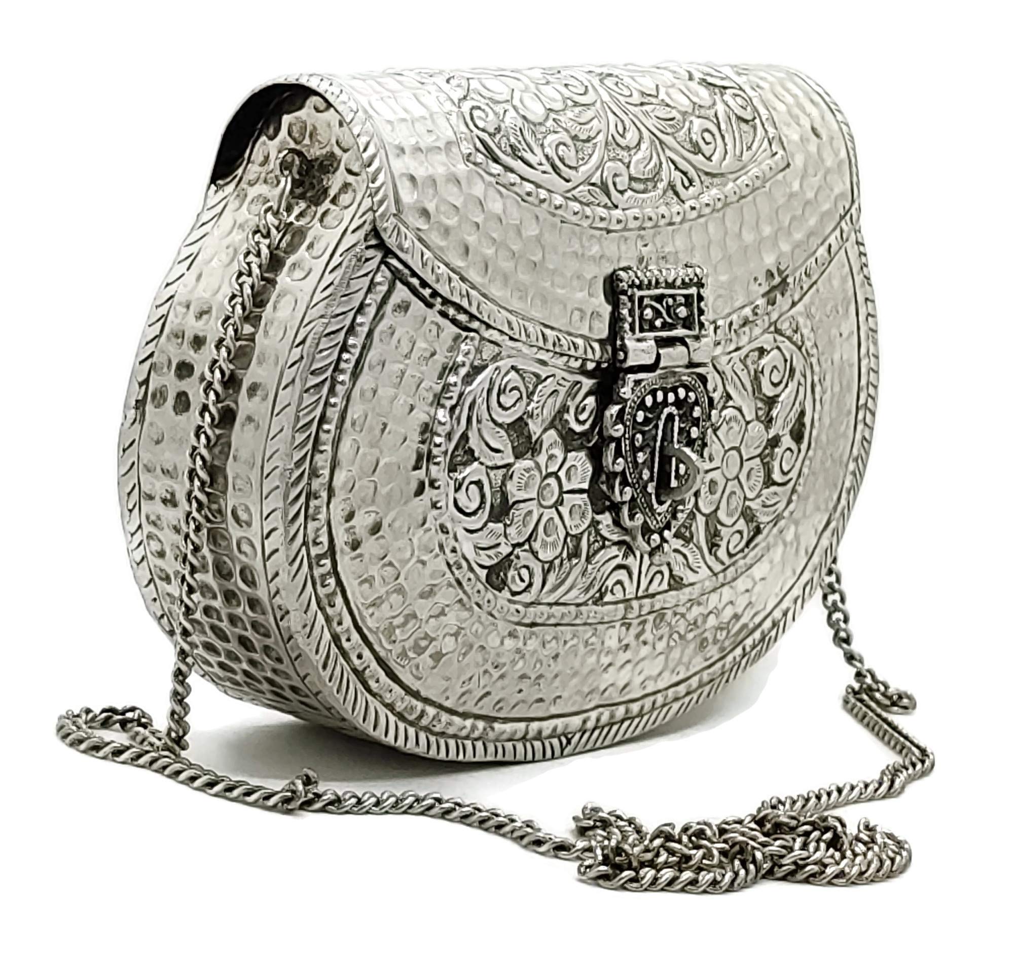 Jiya Indian Brass Handmade Bridal Women's Antique Brass Purse Ethnic Metal Clutch Gift (Silver)