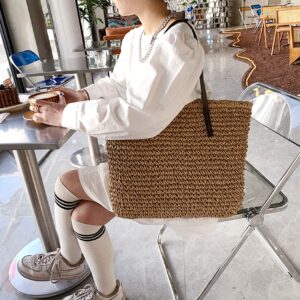 Straw Bag Women Straw Woven Tote Large Beach Handmade Weaving Shoulder Bag Handbag (2 in 1 style-Khaki)