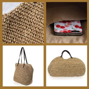 Straw Bag Women Straw Woven Tote Large Beach Handmade Weaving Shoulder Bag Handbag (2 in 1 style-Khaki)