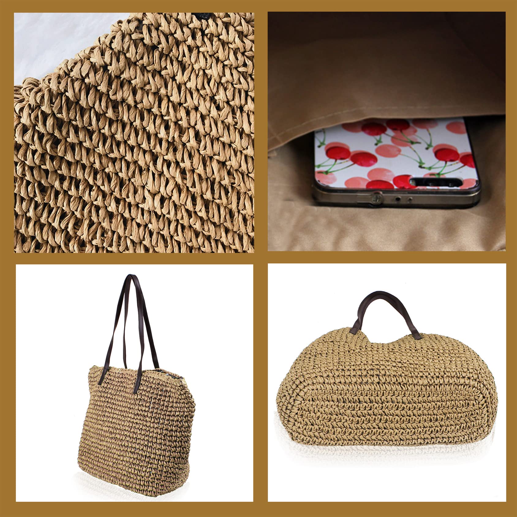 Straw Bag Women Straw Woven Tote Large Beach Handmade Weaving Shoulder Bag Handbag (2 in 1 style-Khaki)