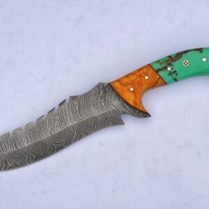 Sharp Forest Knives Handmade Damascus Steel 12 Inches Full Tang Hunting Knife BK-3054 - Beautiful Olive Wood & Resin Handle