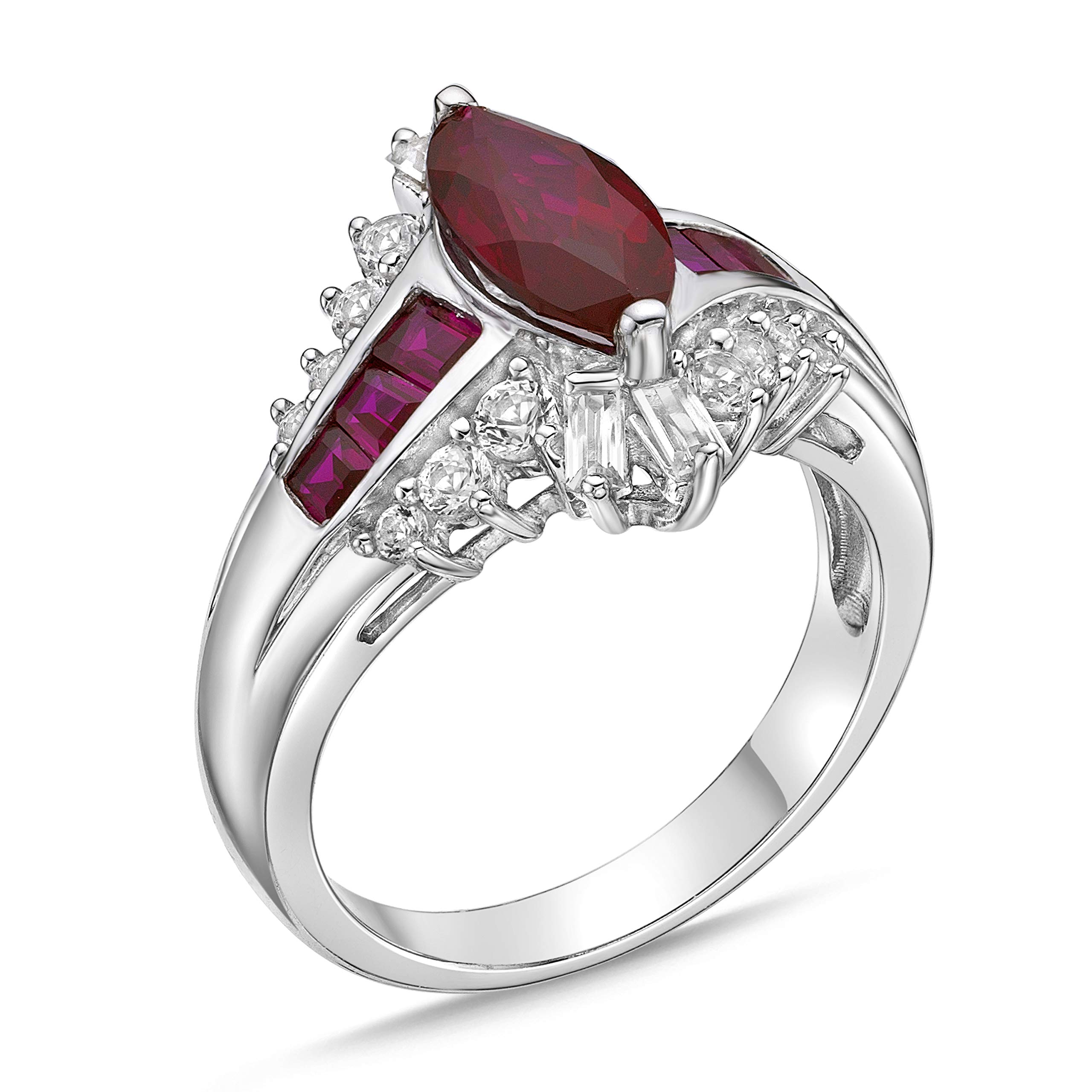 .925 Sterling Silver, Marquise and Baguette Cut Lab Grown Ruby & Lab Grown White Sapphire Wavy Channel Set Engagement Ring - Size 9