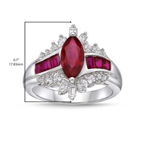 .925 Sterling Silver, Marquise and Baguette Cut Lab Grown Ruby & Lab Grown White Sapphire Wavy Channel Set Engagement Ring - Size 9