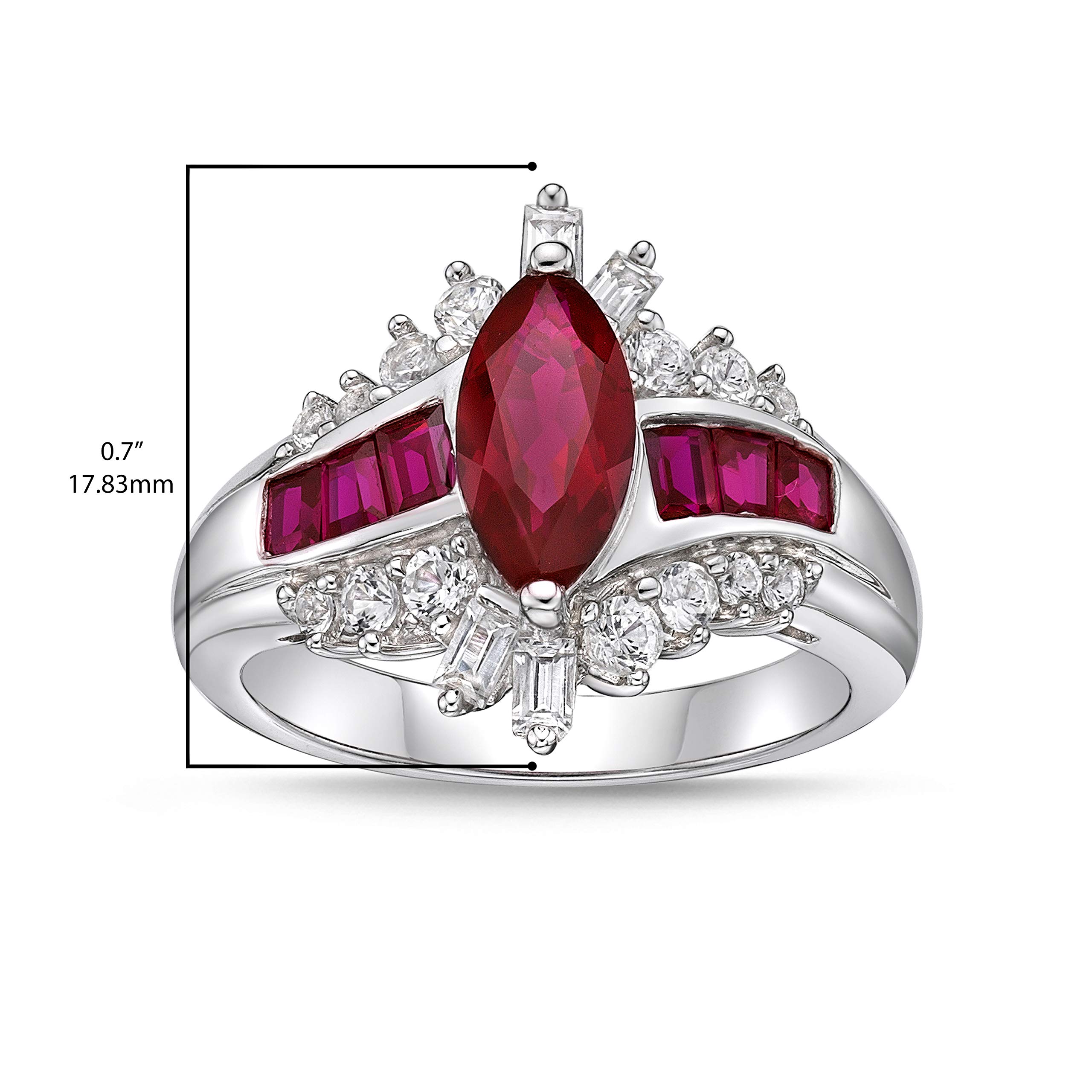 .925 Sterling Silver, Marquise and Baguette Cut Lab Grown Ruby & Lab Grown White Sapphire Wavy Channel Set Engagement Ring - Size 9